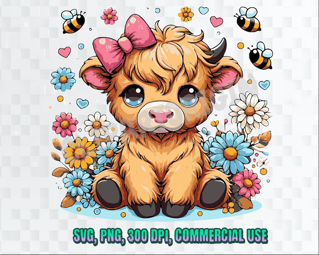Adorable Highland Cow Clipart Cute Kawaii Cow With Flowers & Bees PNG ...