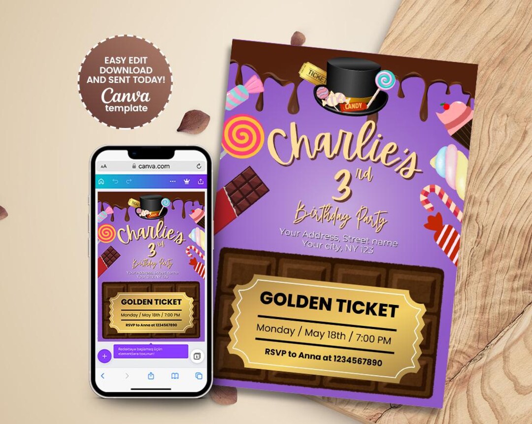 Golden Ticket Inspired Charlie Factory Birthday Invitation Editable ...