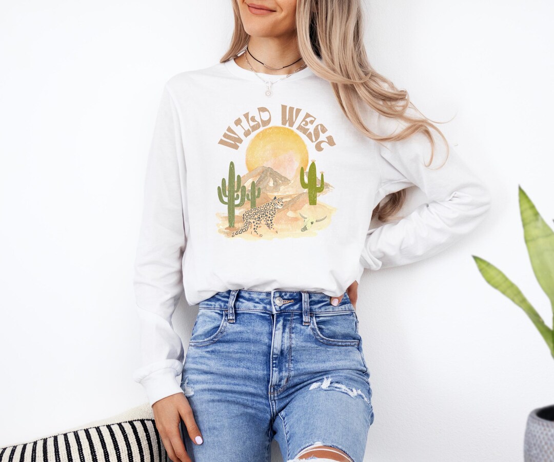 Wild West Long Sleeve Tee Cowboy Graphic Shirt, Western Theme Top ...