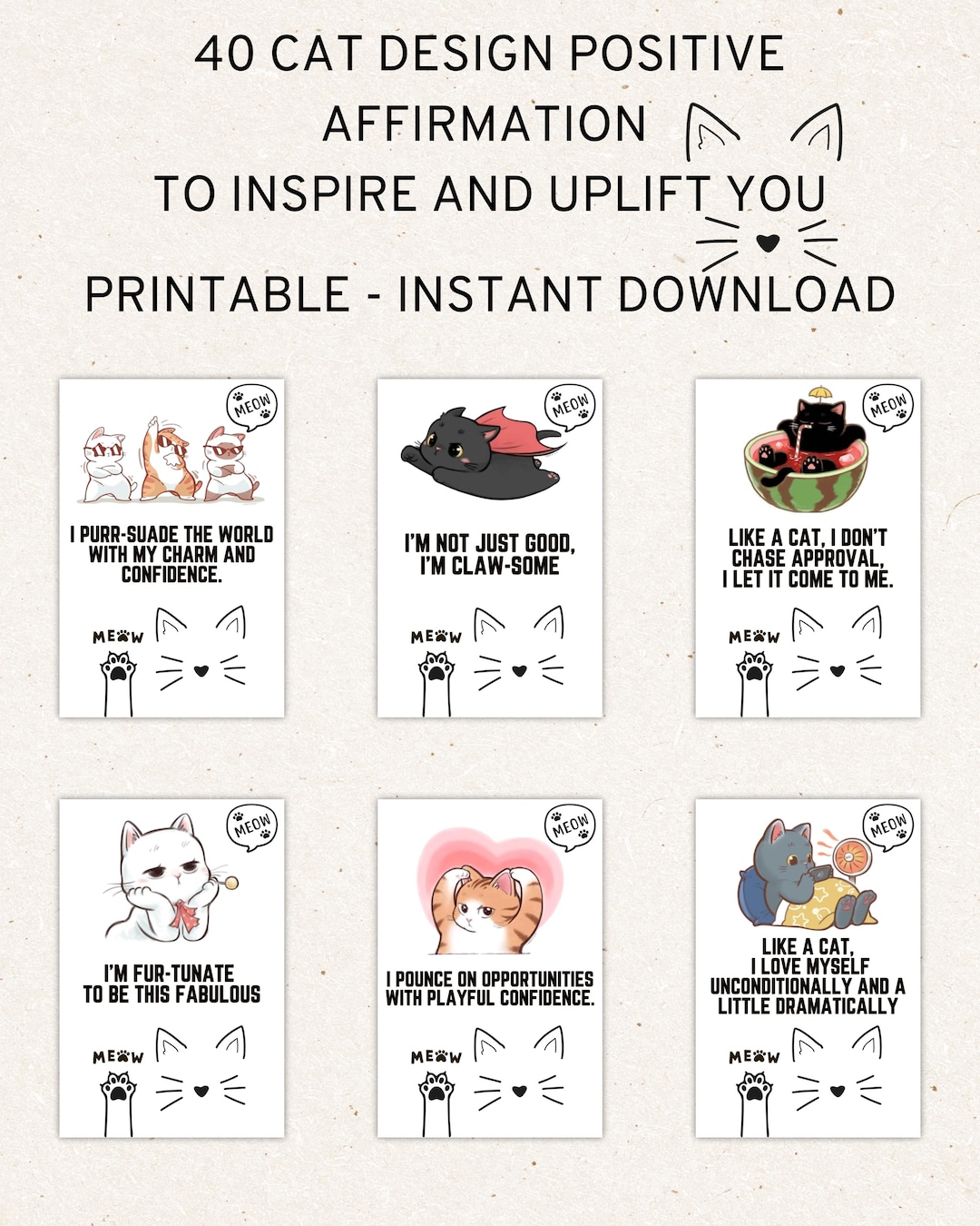 Cat Affirmation Cards Printable | Positive Self-love Quotes (digital ...