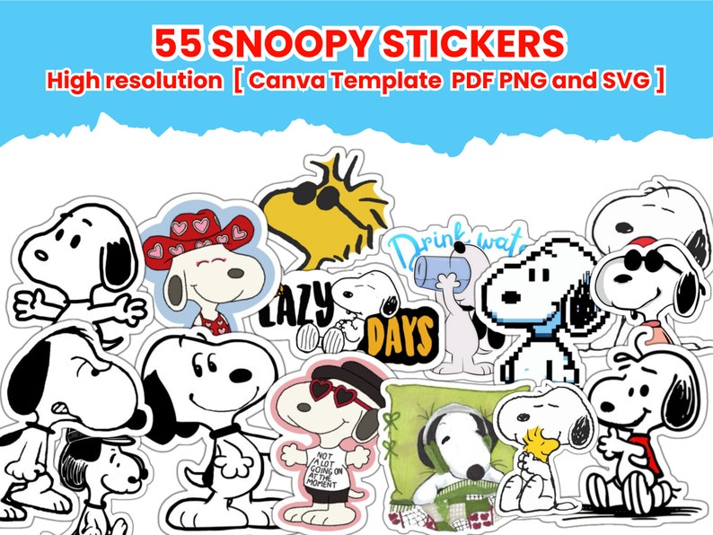 Snoopy Stickers Bundle 55 Snoopy Peanuts Sticker Digital Snoopy Sticker ...