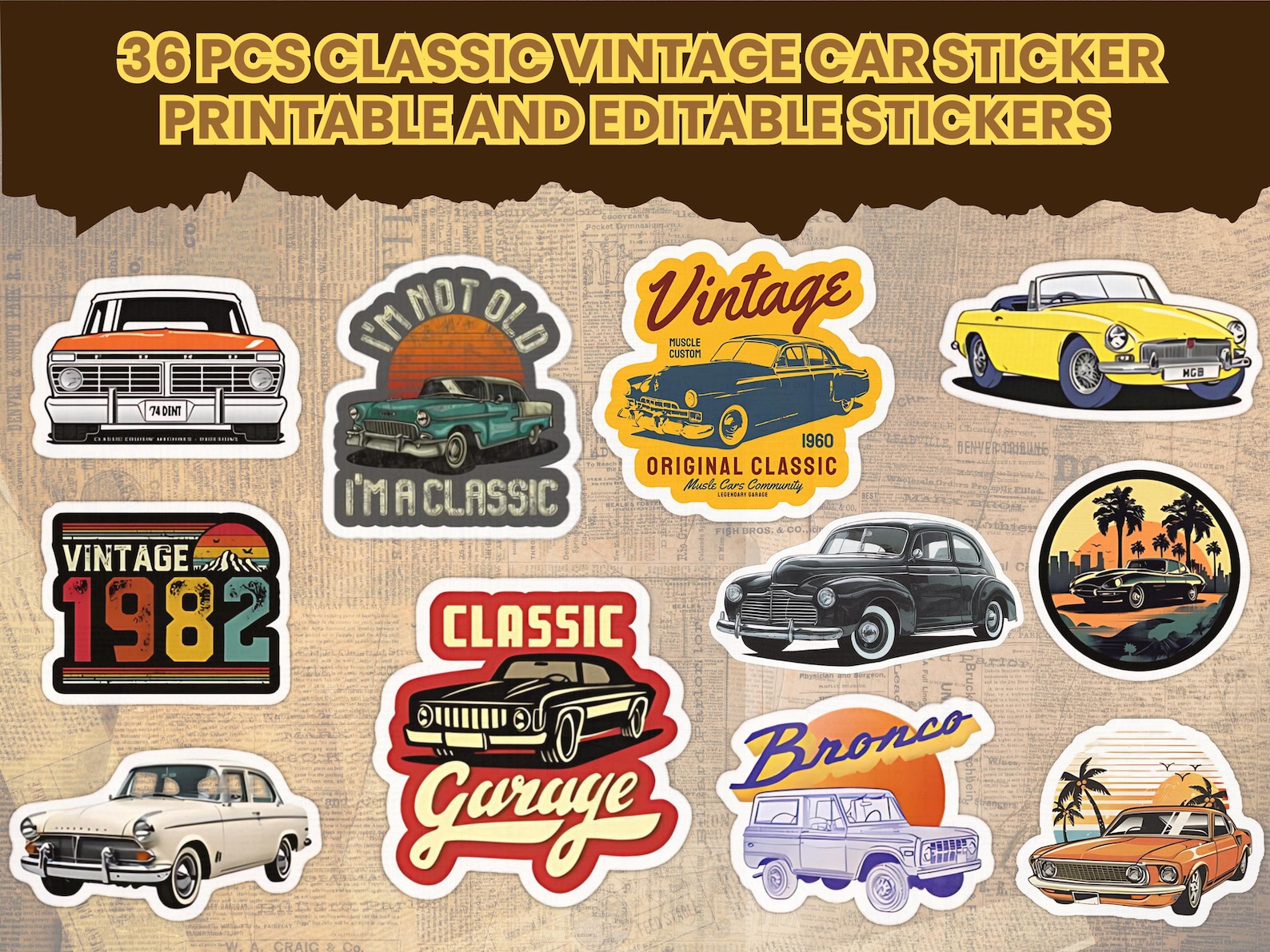 Vintage Car Sticker Pack | Classic Muscle Car Designs (36 Pcs ...