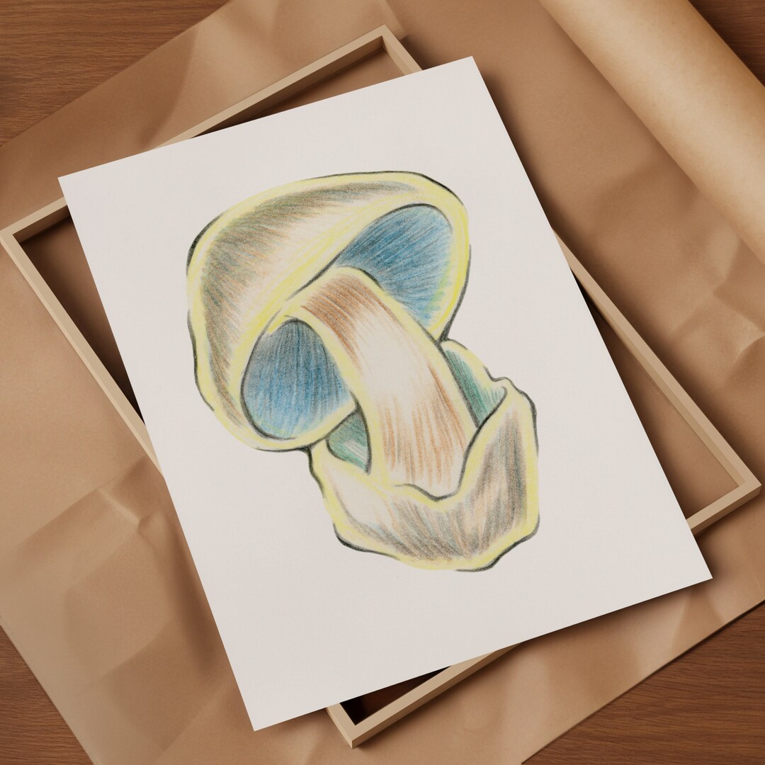 Colored Pencil Mushroom, Crayon Drawing Shroom, Blue Botanical ...