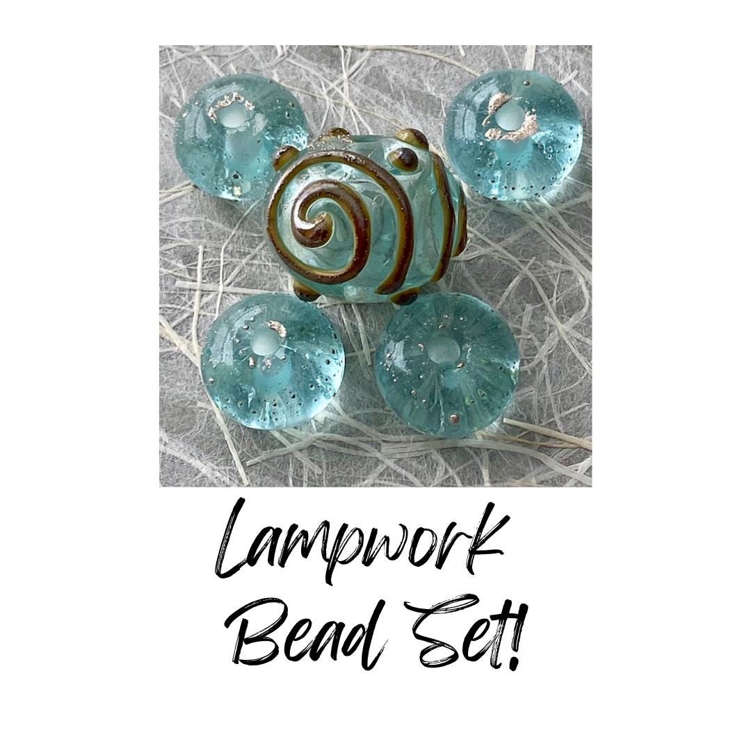 Lampwork Bead Set, One Focal and 4 Earring or Spacer Beads Light Blue ...