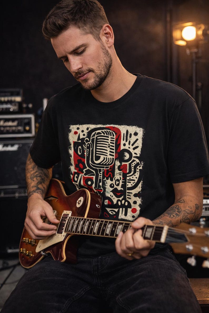 Music Graphic T Shirt | Vintage Microphone Street Art Tee | Unisex Band ...
