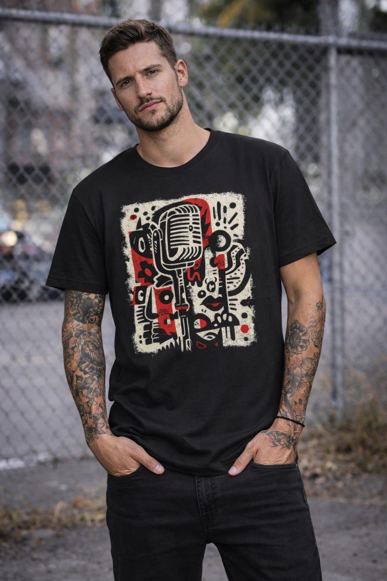 Music Graphic T Shirt | Vintage Microphone Street Art Tee | Unisex Band ...