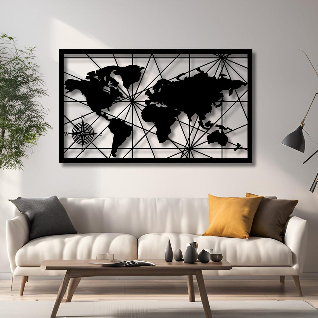 World Map Metal Wall Sign, World Map Wall Art, Bedroom Wall Decor ...