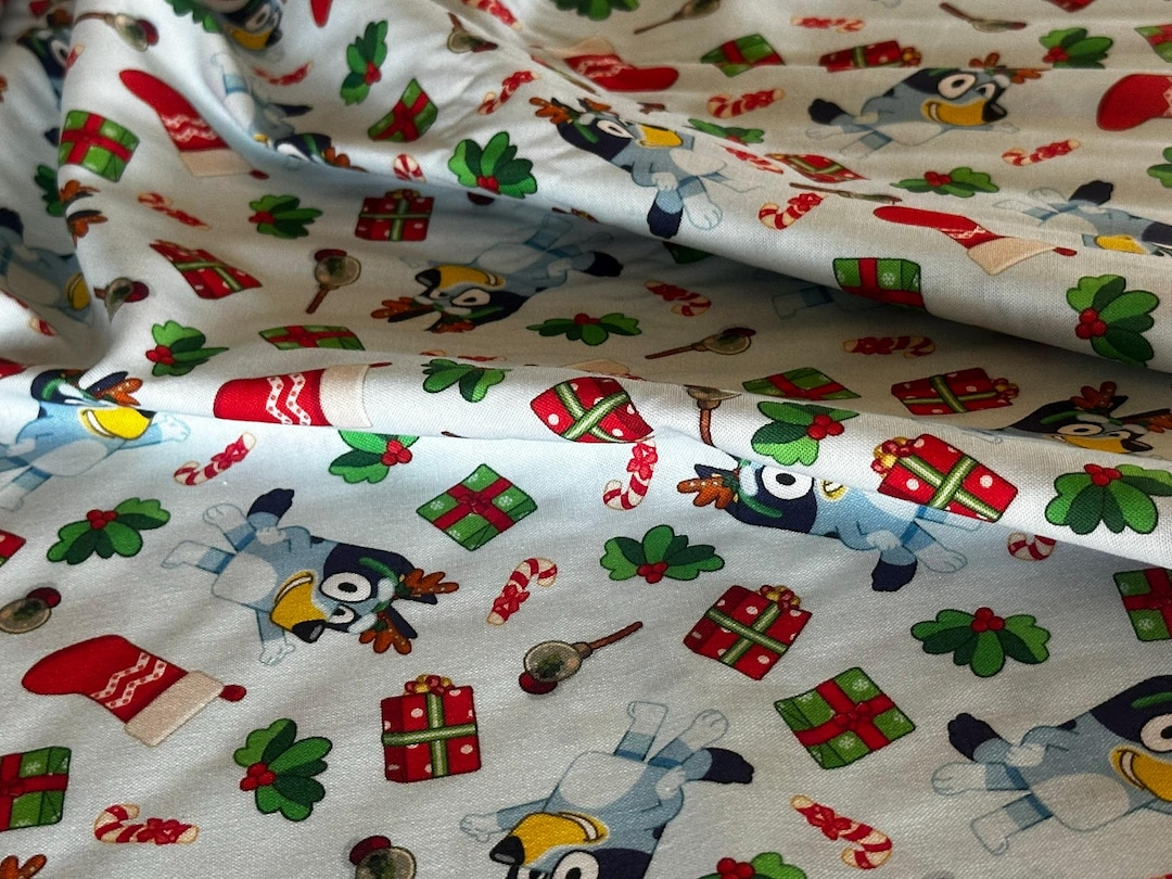 Bluey Christmas Fabric – Bluey in Reindeer Antlers With Gifts, Candy ...