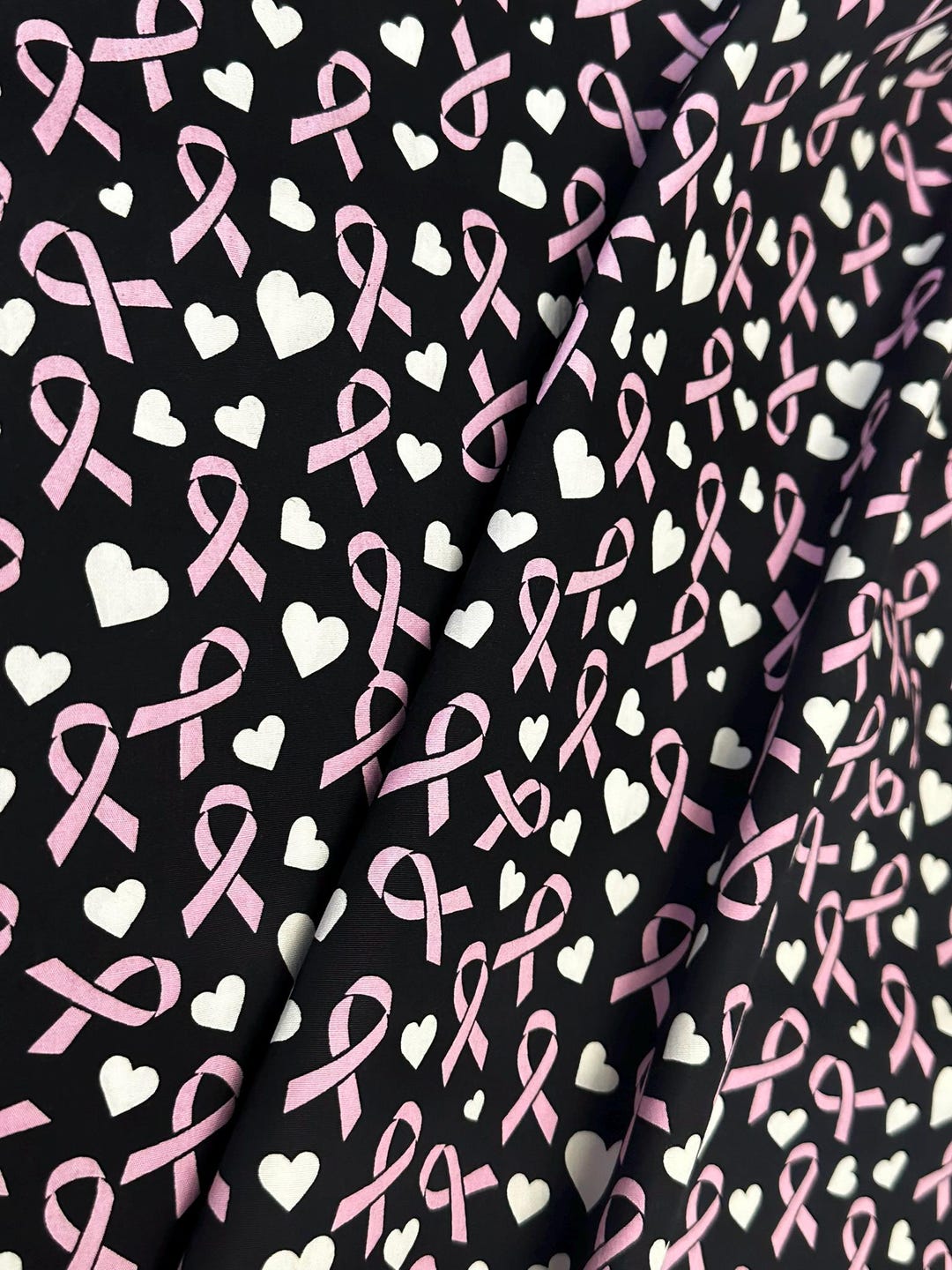 Pink Ribbon & Heart Fabric | Breast Cancer Awareness Print on Black ...