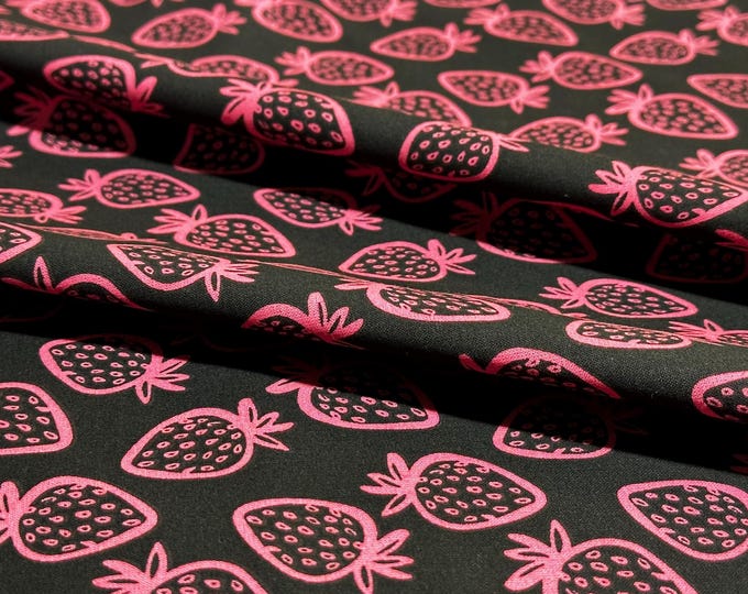 Pink Strawberry Print on Black Fabric – Whimsical Doodle Fruit Cotton ...