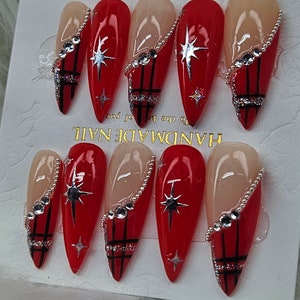 Medium Size Red Long Plaid Stiletto Set. the Beautiful Set is in a ...