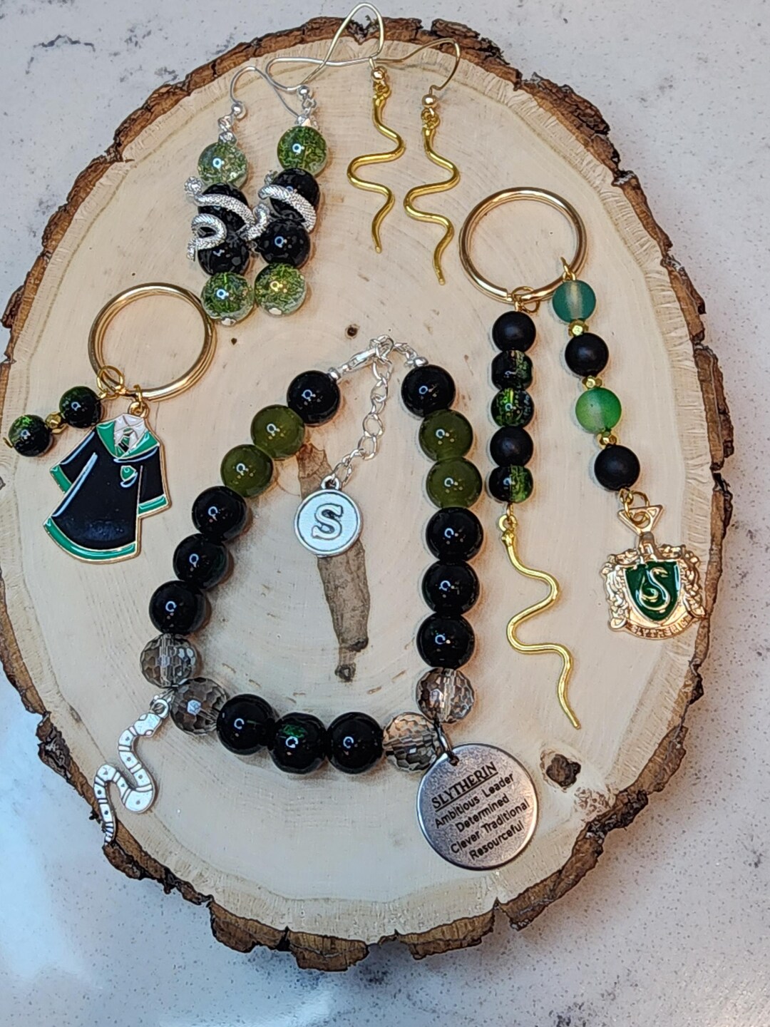 FULL SET Slytherin Green and Black Snake Keychain Earring Bracelet ...