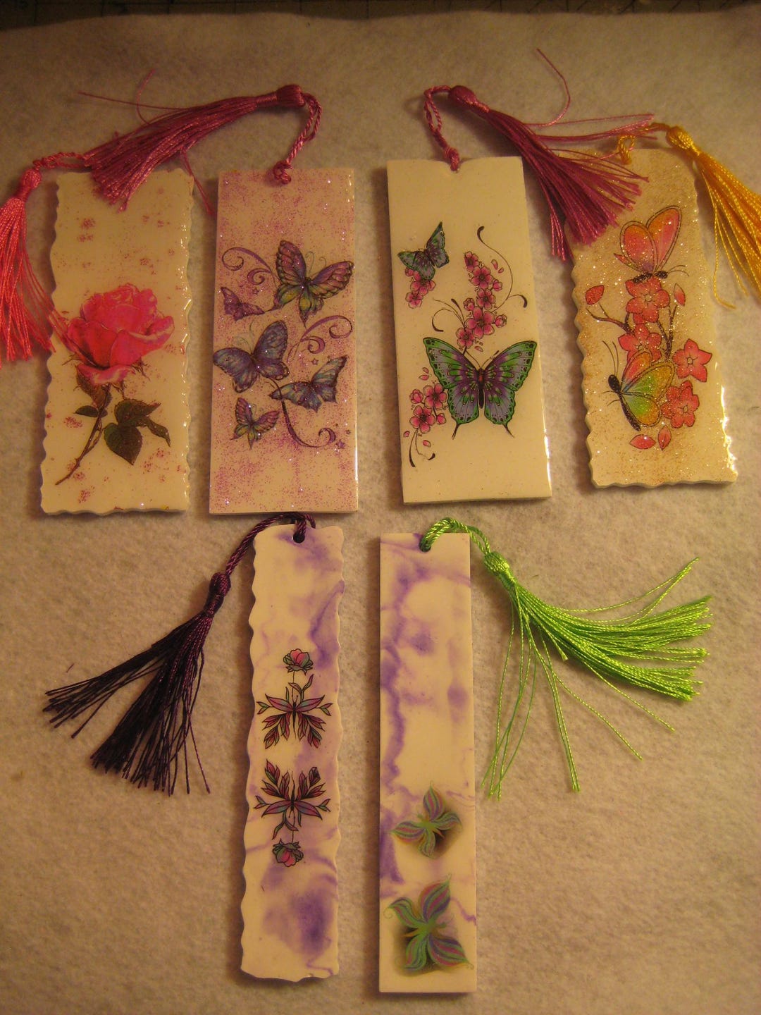 Hand Crafted Bookmarks Resin Crete W/ Tassels Floral and Butterfly - Etsy