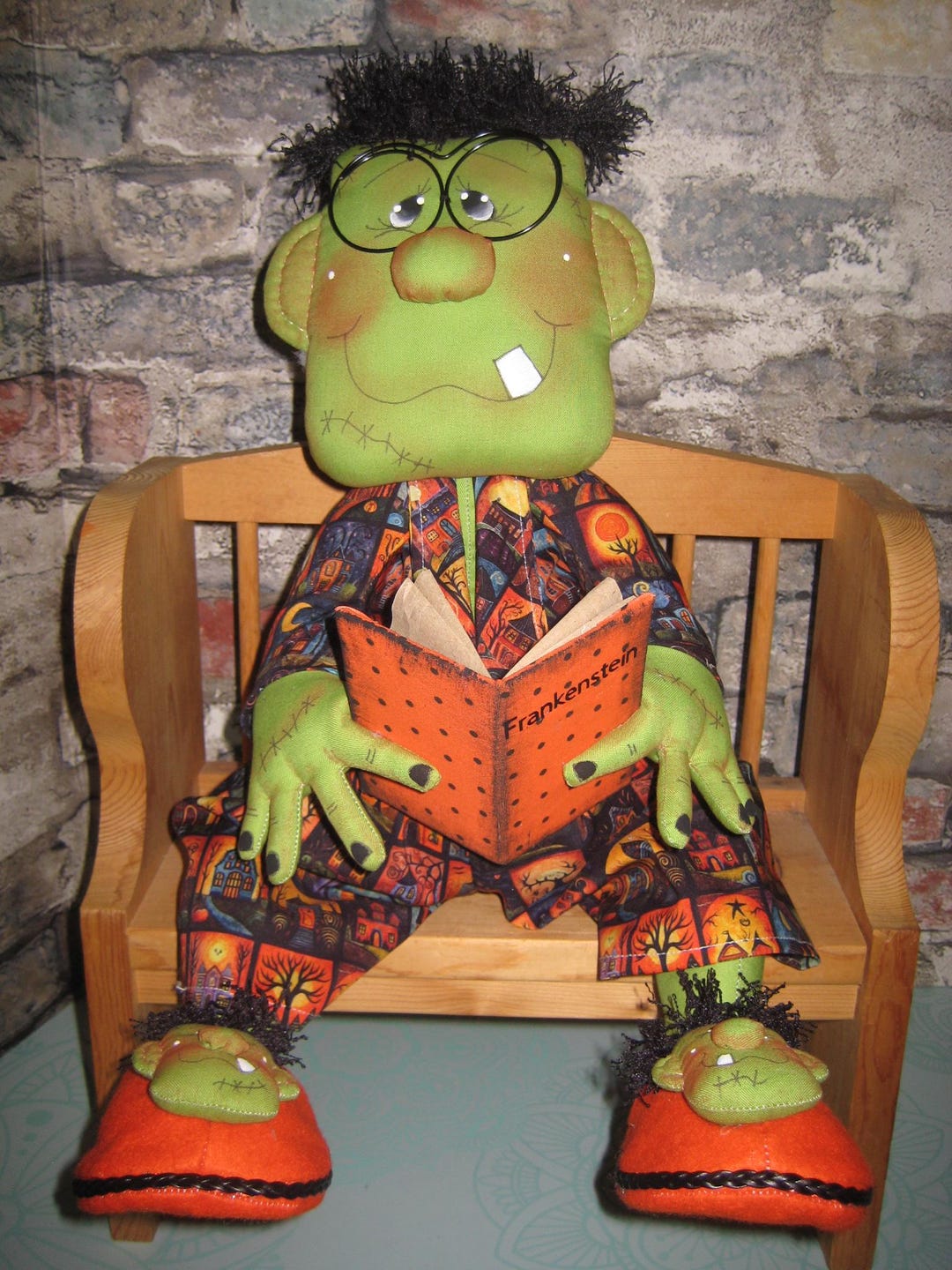 Primitive Hand-crafted Sitting Halloween Frankenstein With Slippers ...