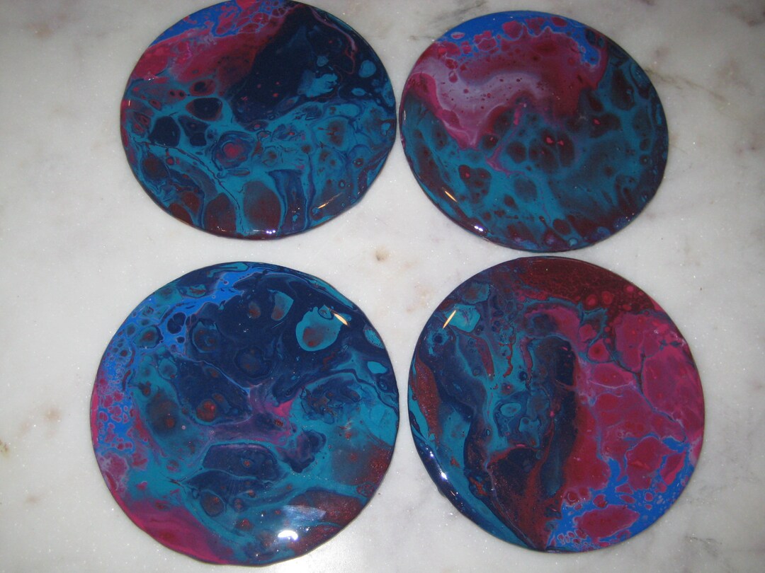 Handmade Fluid Art Coasters: Blue, Burgundy, Turquoise - Set of 4 - Etsy