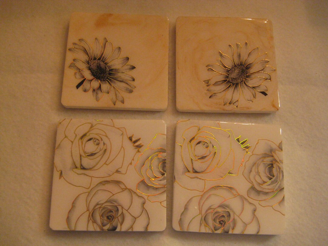 Hand Crafted Set of 2 Resin Crete / UV Resin Coasters Gold Floral ...