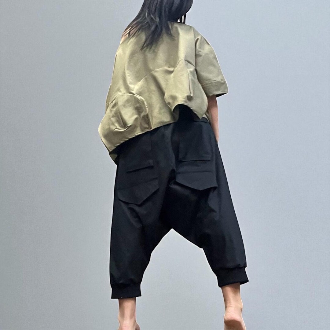 Avant Garde Cotton Outfit: Oversized Olive Top With Low Crotch Black ...