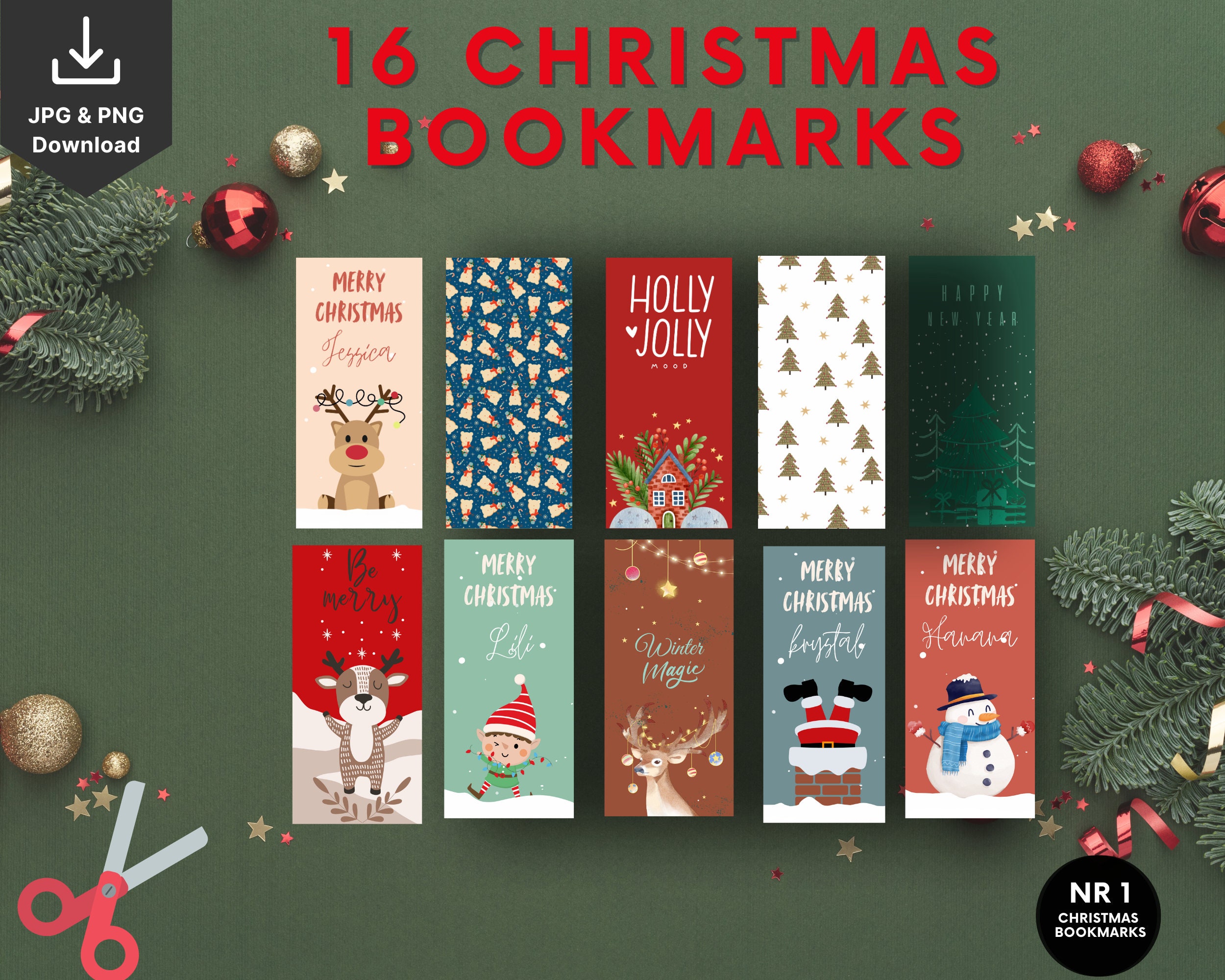 Christmas Printable Bookmarks,digital Download JPG Bookmark Sheets ...