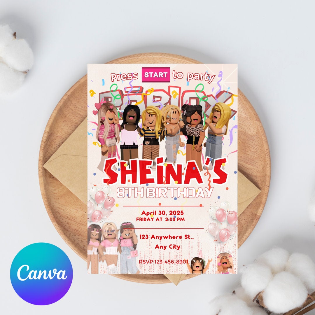 Roblox Girl Invitation, Editable Video Game Invitation,pink Roblox ...