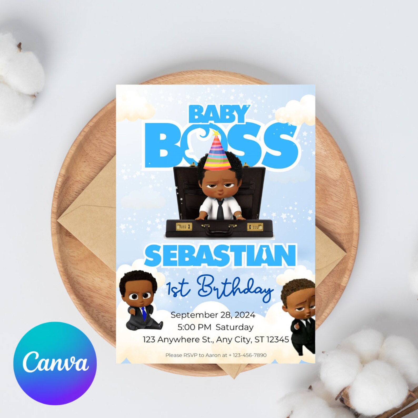 Editable Baby Boy Boss Birthday Invitation, Dark Baby Digital ...