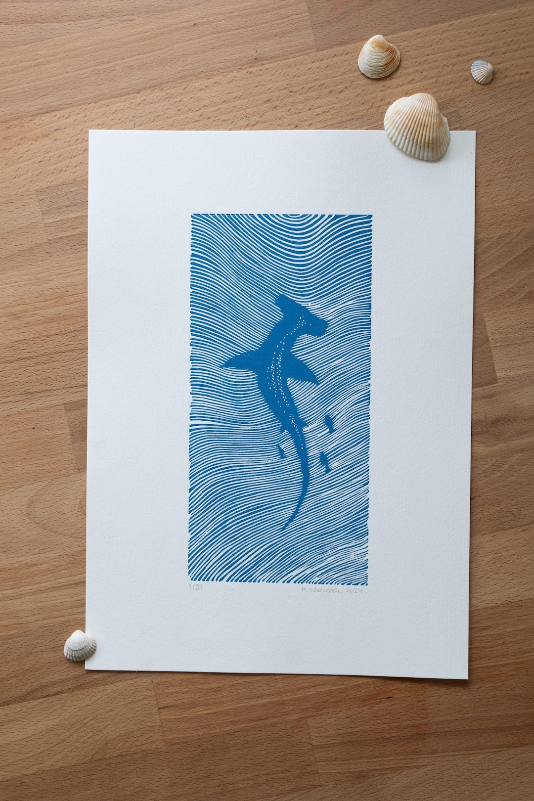 Hammerhead Shark Linocut Print Handcarved and Handprinted Illustration ...