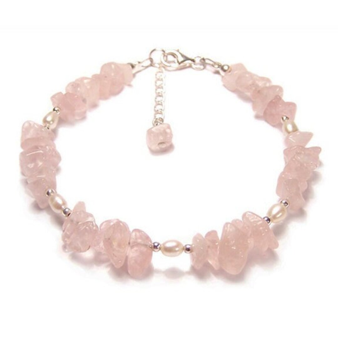 Rose Quartz & Pearl Gemstone Bracelet - Sterling Silver Pink Semi ...