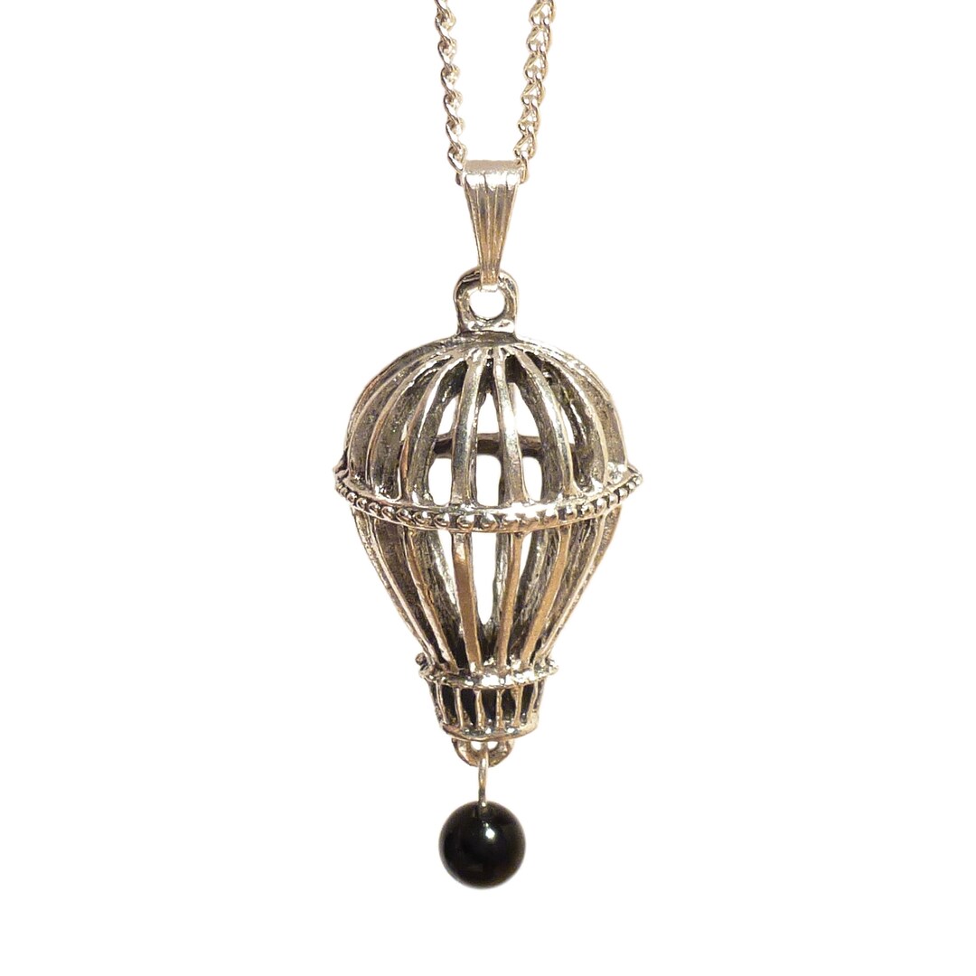 3D Silver Hot Air Balloon Necklace & Black Onyx Gemstone Drop Steampunk ...