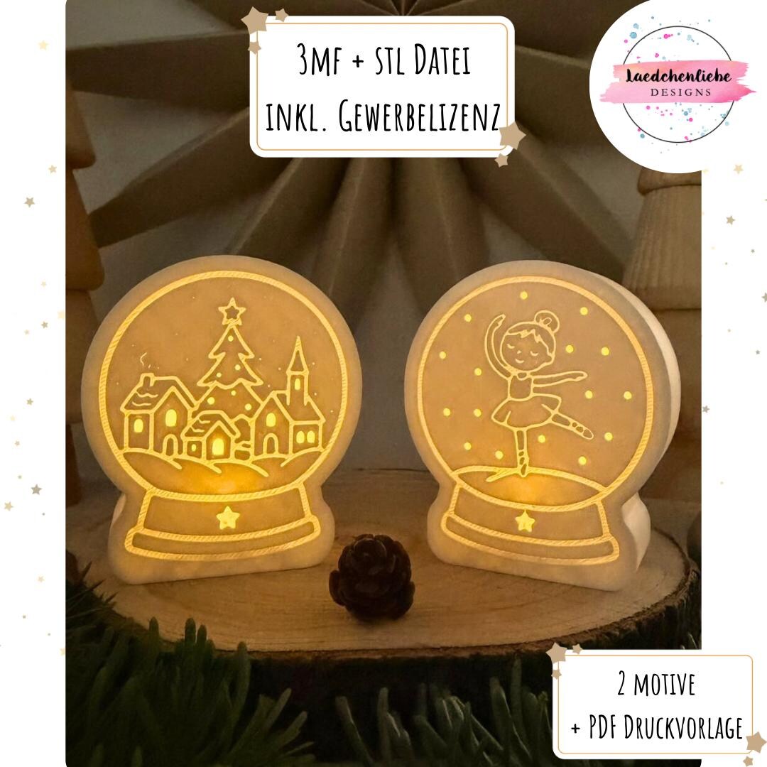 STL & 3MF + PDF Snow Globe | 3D Printer | PDF Print Template Packaging ...
