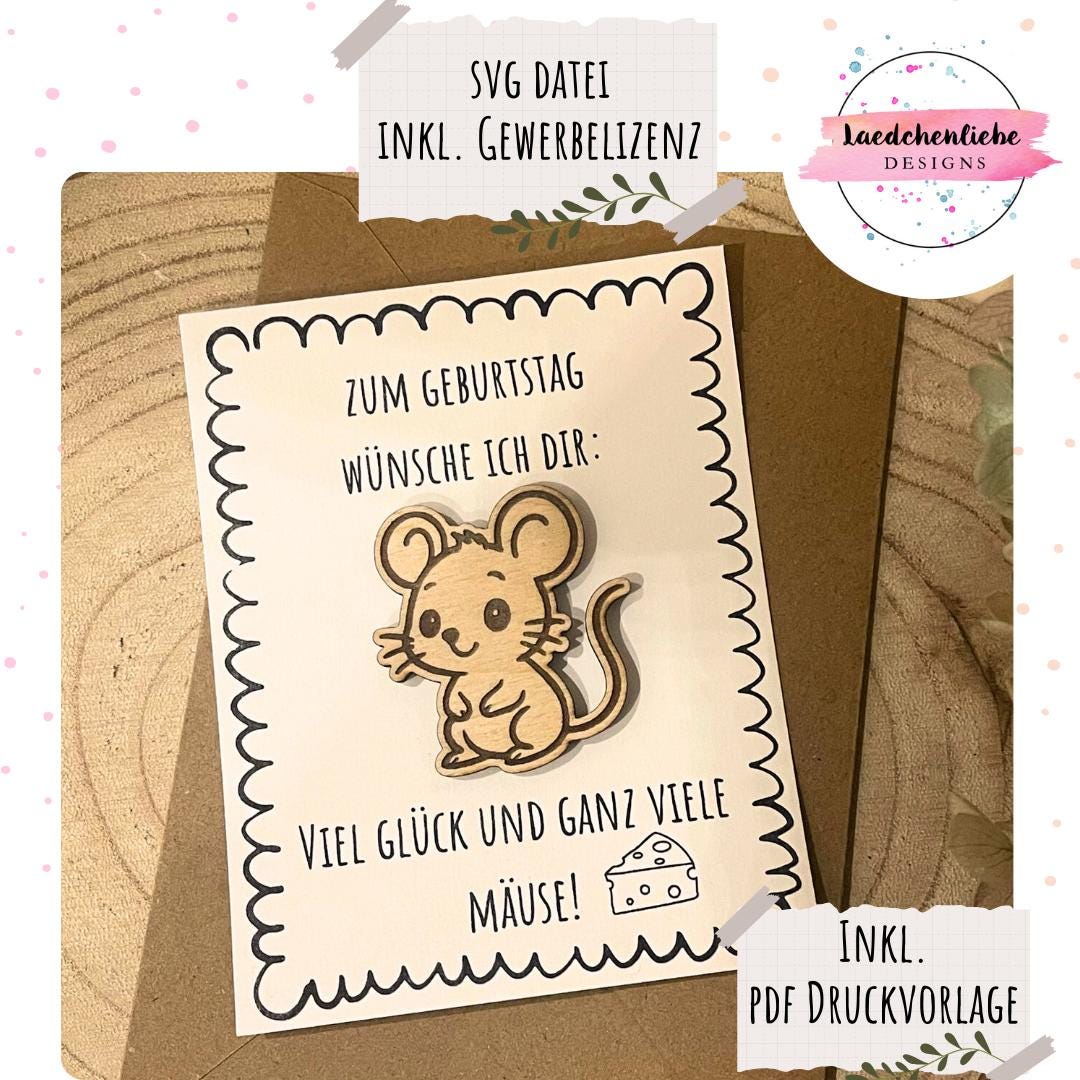 SVG + PDF Birthday Card Mouse Mice Money Cash Gift Print Template Laser ...