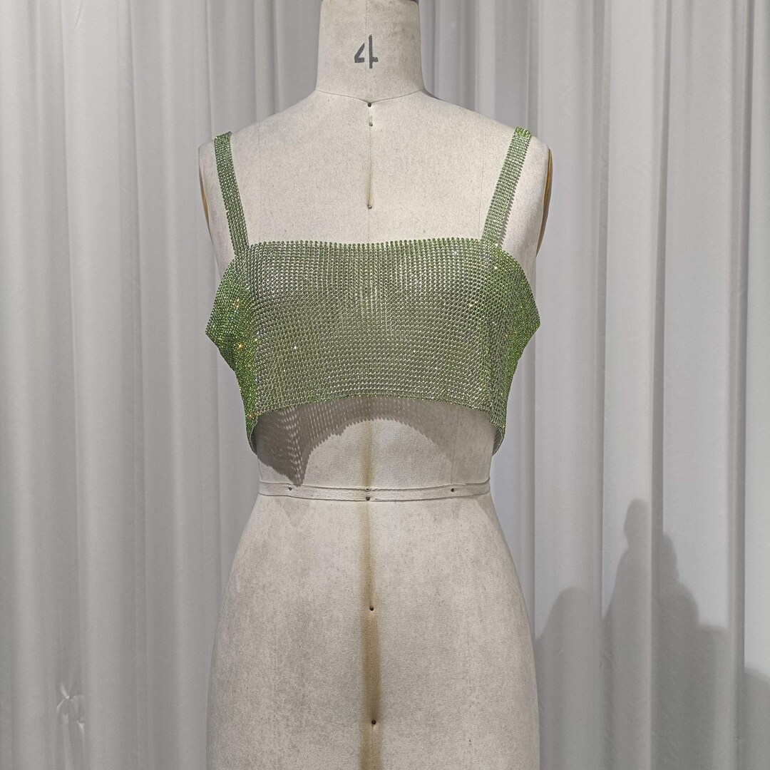 Sparkling Crystal Mesh Mini Crop Top With Chain Closure - Peridot Green ...