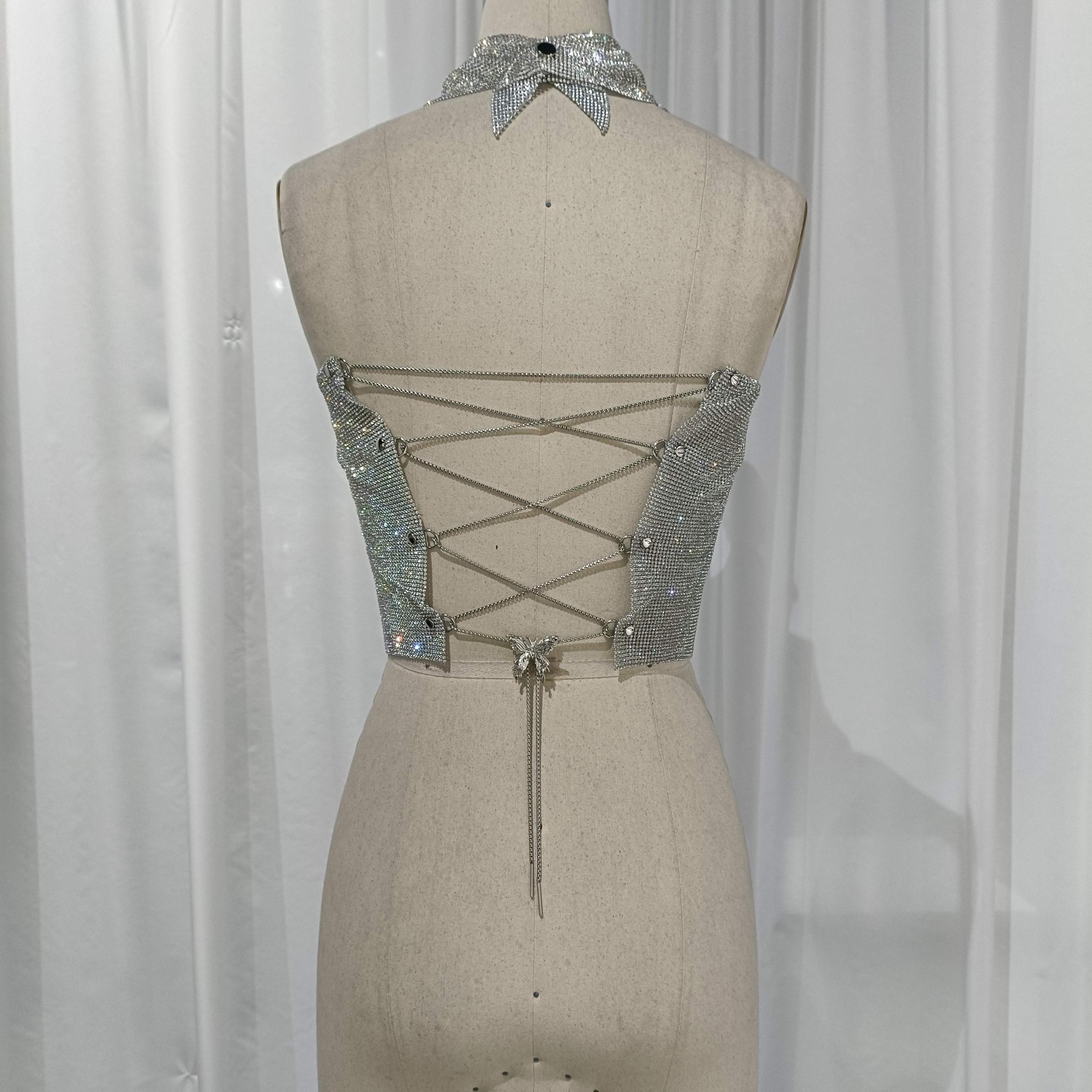 Handmade Rhinestone Mesh Crop Top With Bandana Necklace - Party ...