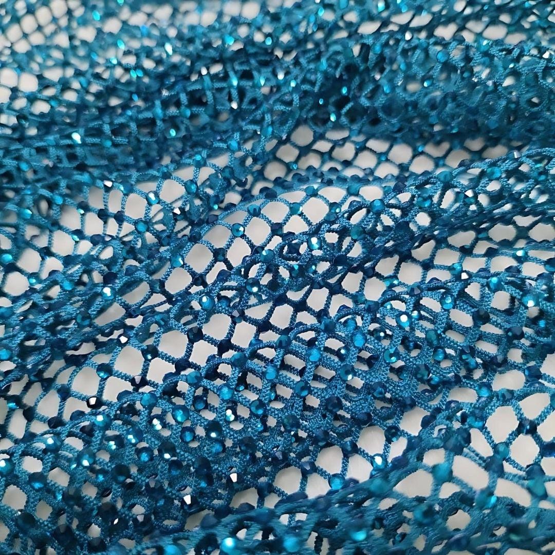 Peacock Blue SS10 Crystal on Blue Fishnet Fabric, 4-way Stretch Luxury ...