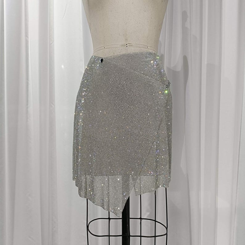 Sparkling Crystal Mesh Skirt With Chain Detail - Handmade Silver Wrap Skirt, Rhinestone Mini ...