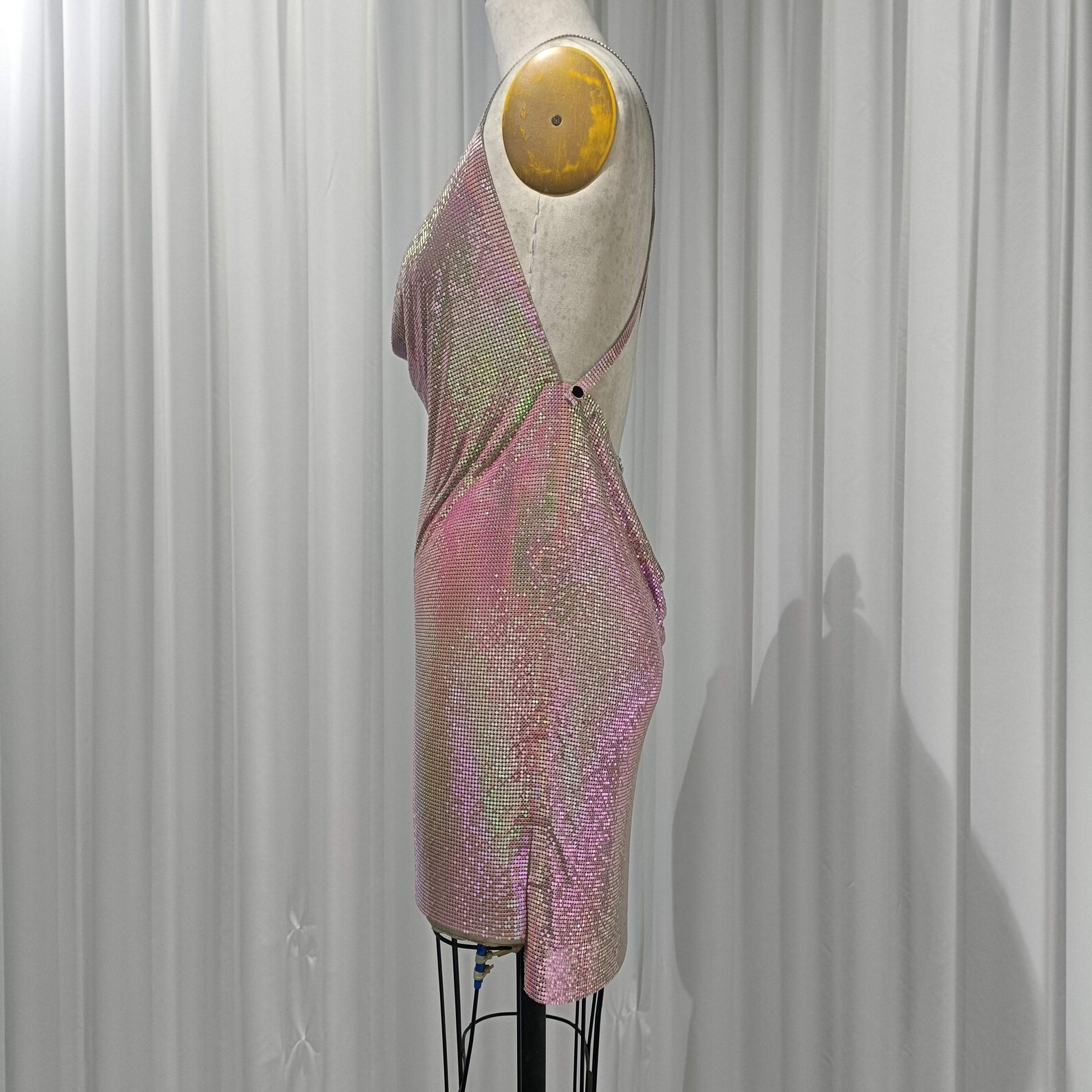 Iridescent Pink Metal Mesh Dress – Cowl Neck Chainmail, Criss-cross ...