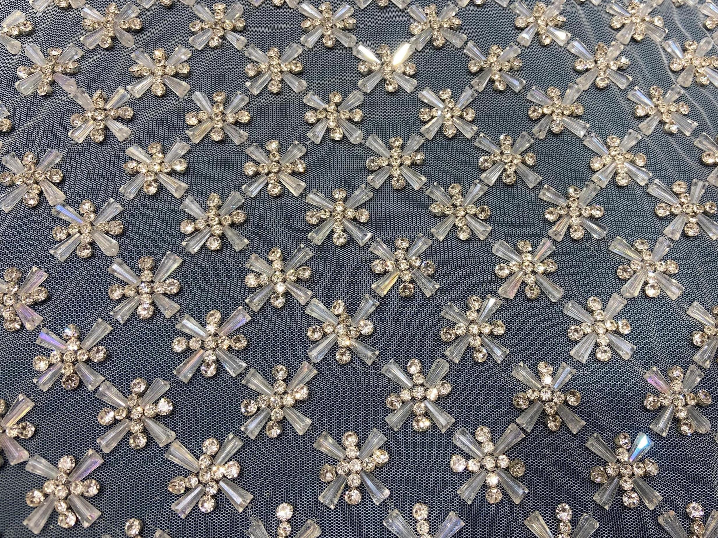 Luxury Crystal Flower Mesh Fabric | Hand-embroidered Rhinestone Tulle ...