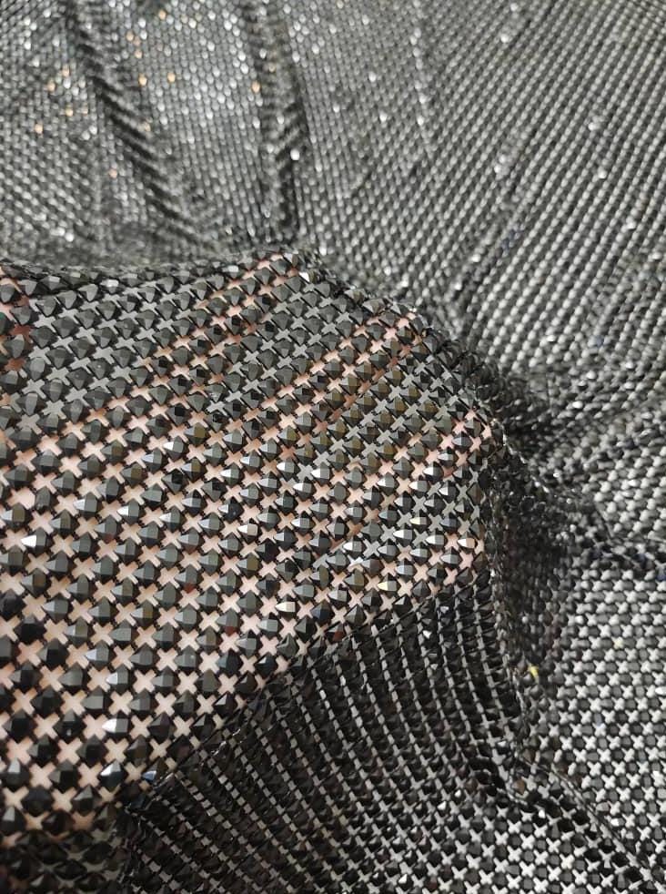 Jet Black Rhinestone Fishnet Fabric - Crystal Embellished Stretchable ...