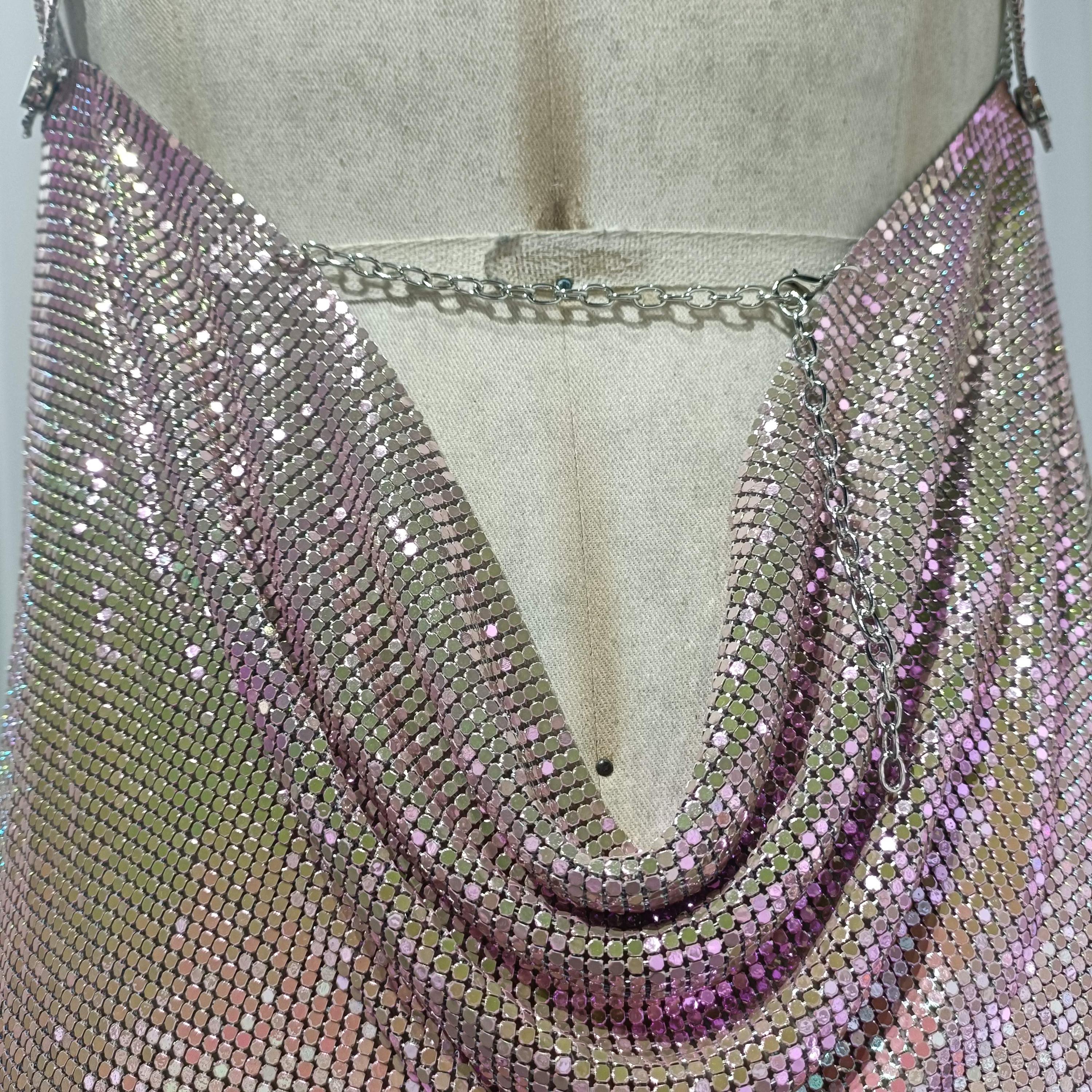 Iridescent Pink Metal Mesh Dress – Cowl Neck Chainmail, Criss-cross ...