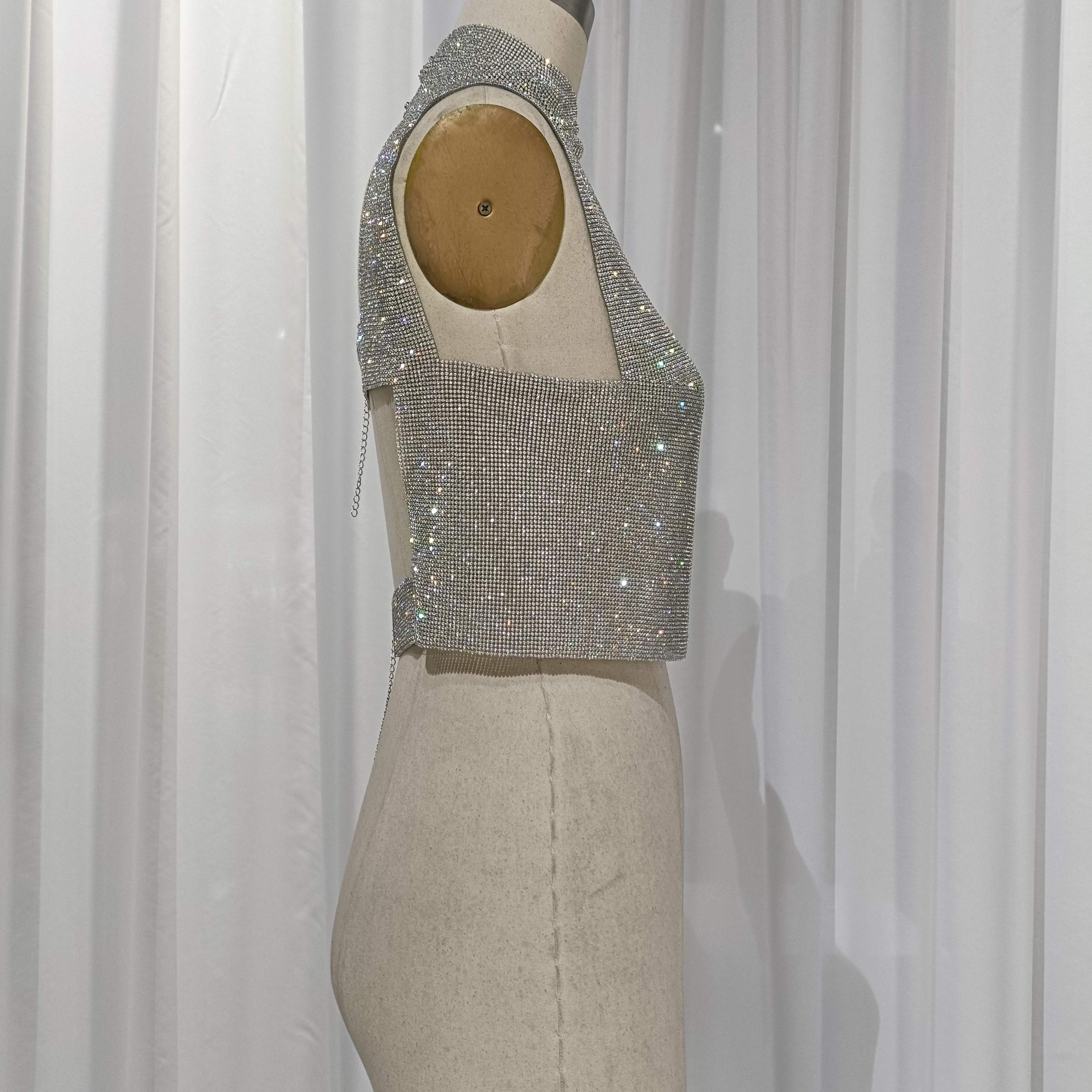 High-neck Crystal Mesh Top With Open Back - Handmade Rhinestone Crop ...