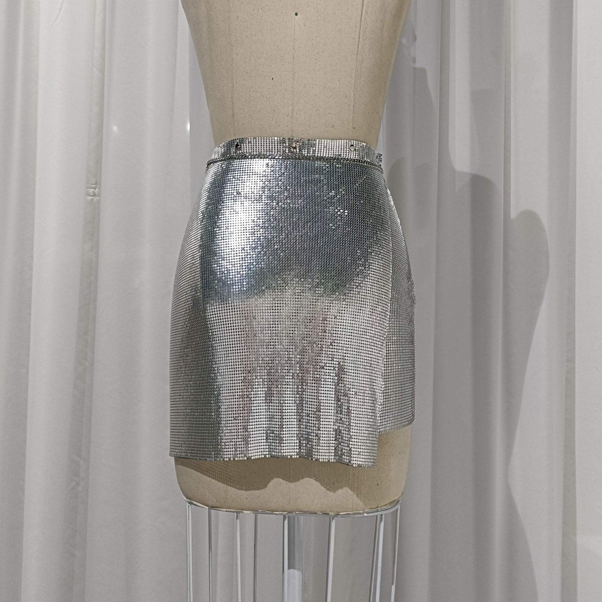 Silver Metal Mesh Chainmail Mini Skirt | Stylish Chain Wrap Closure | Edgy Elegance ...