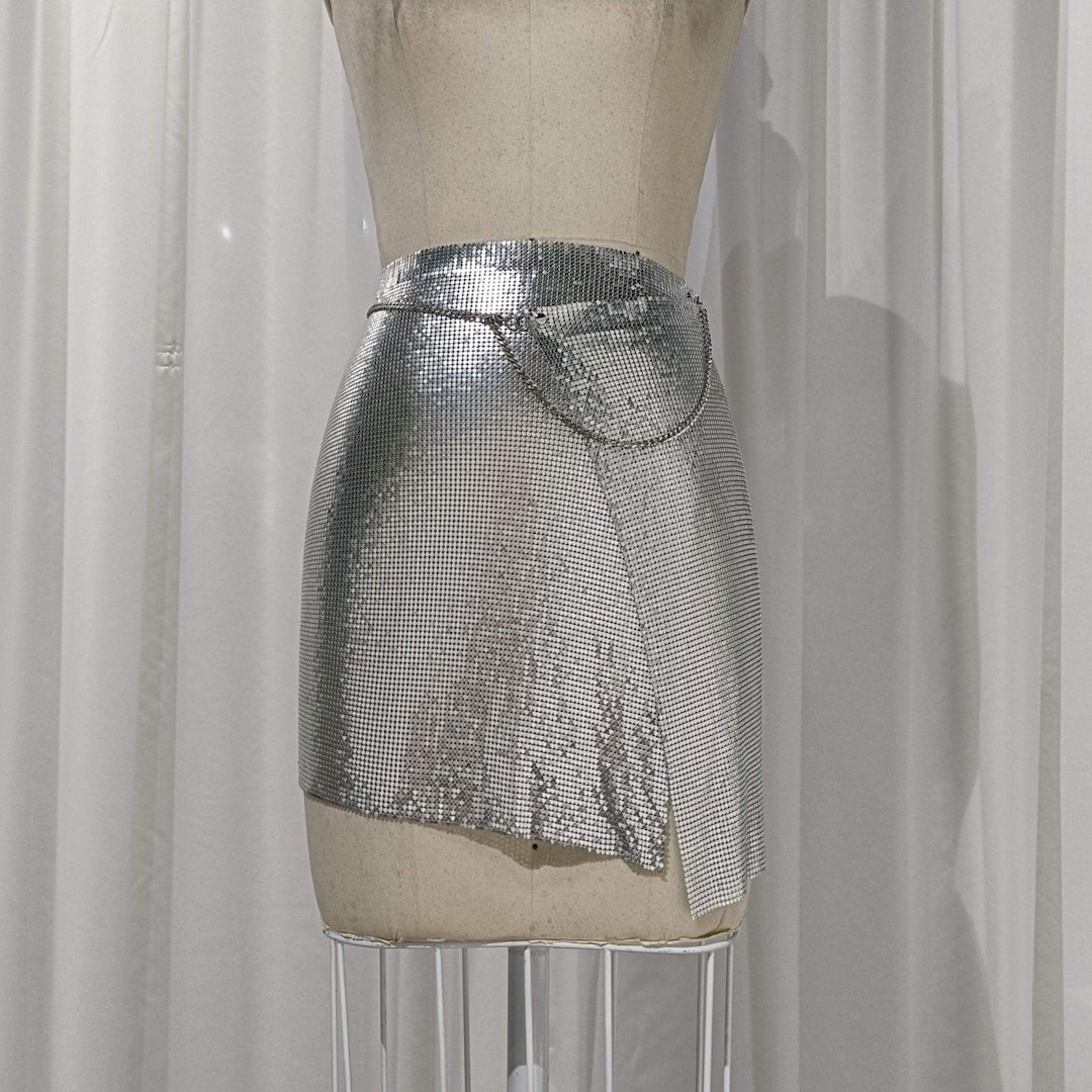 Silver Metal Mesh Chainmail Mini Skirt | Stylish Chain Wrap Closure ...