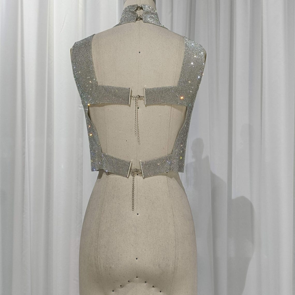 High-neck Crystal Mesh Top With Open Back - Handmade Rhinestone Crop ...