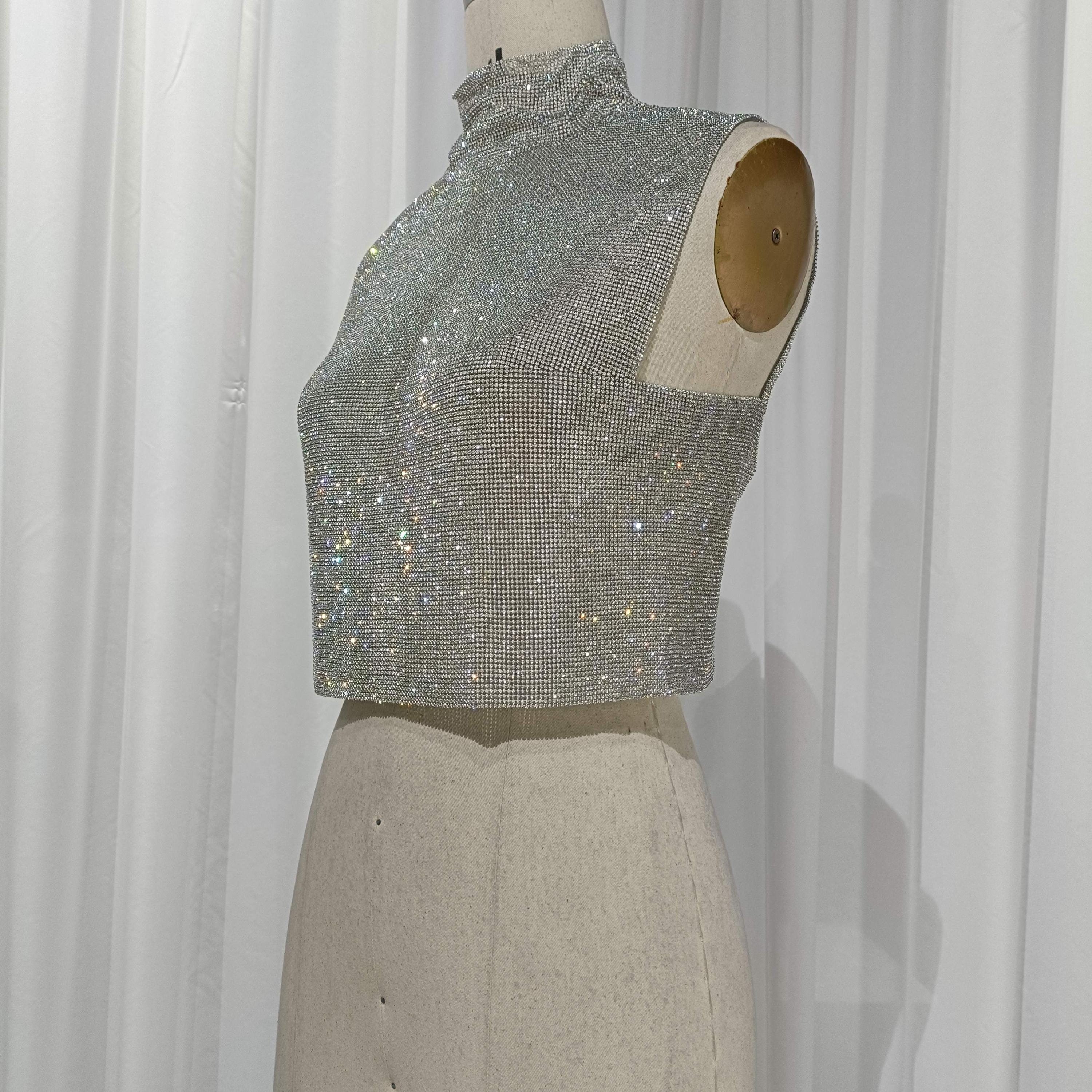 High-neck Crystal Mesh Top With Open Back - Handmade Rhinestone Crop ...
