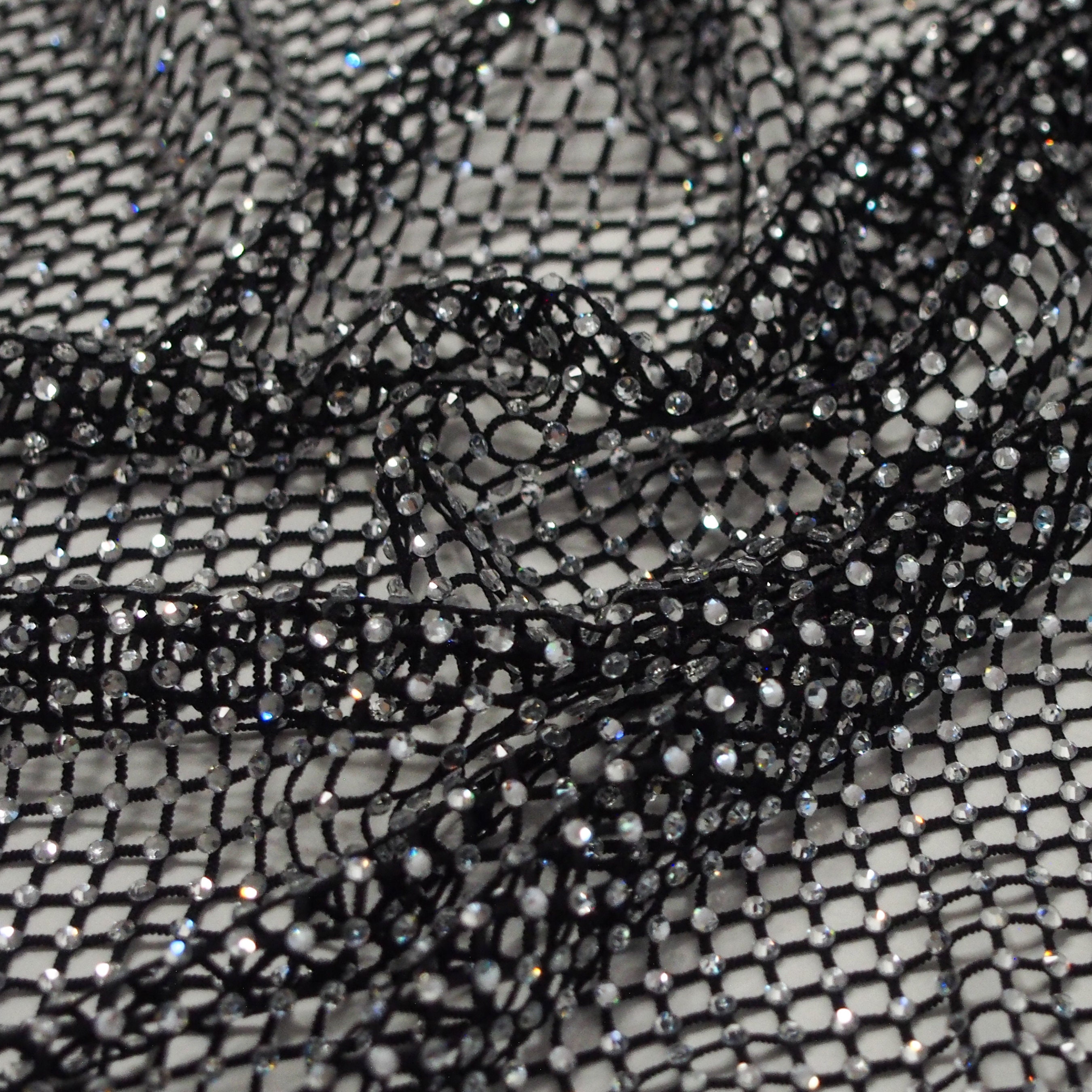 Rhinestone Silver Crystal in Black Fishnet 4way Stretch Fabric for ...