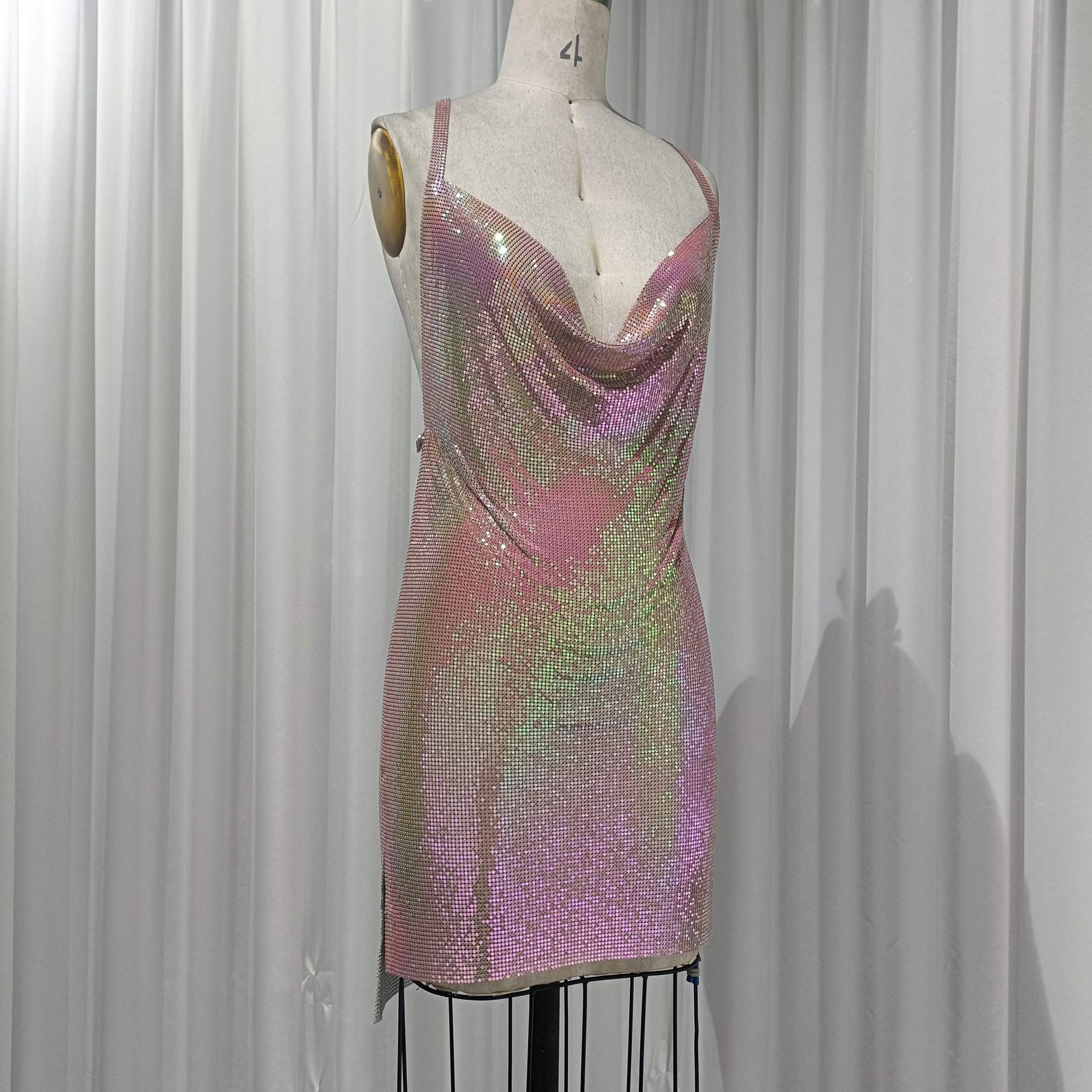 Iridescent Pink Metal Mesh Dress – Cowl Neck Chainmail, Criss-cross ...