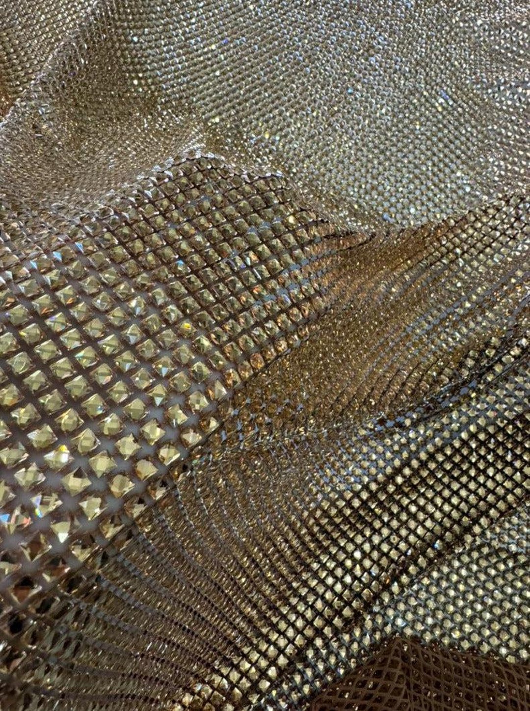 Luxury Fishnet Fabric With Light Gold Large Square Crystals ...