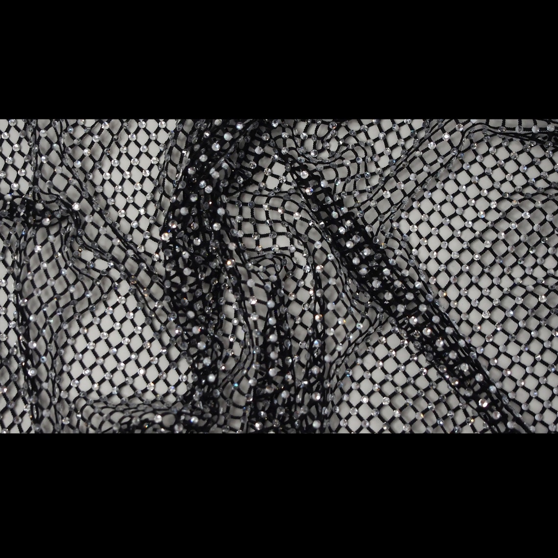 Rhinestone Silver Crystal in Black Fishnet 4way Stretch Fabric for ...