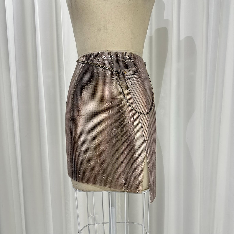 Bronze Metal Mesh Chainmail Mini Skirt | Stylish Chain Wrap Closure | Edgy Elegance ...