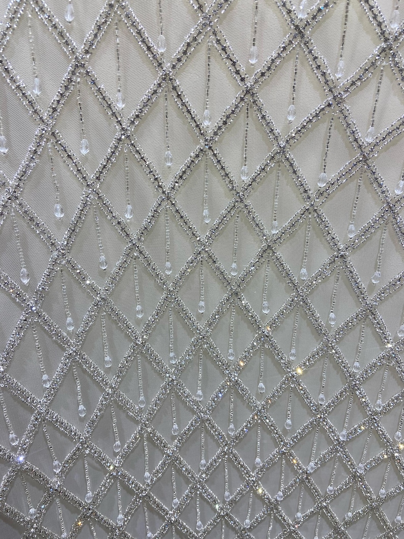 Silver Crystal Drop Sequin Beaded Net Fabric, Wedding Dress Luxury ...