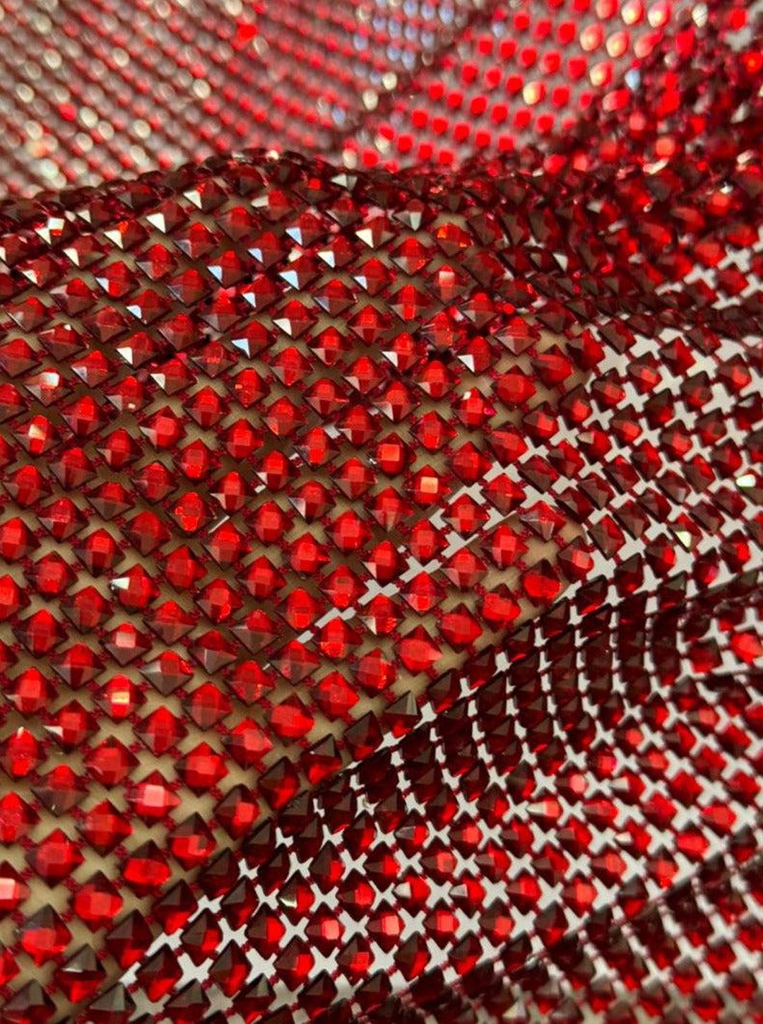 Luxury Red Fishnet Fabric With Light Siam Large Square Crystals ...