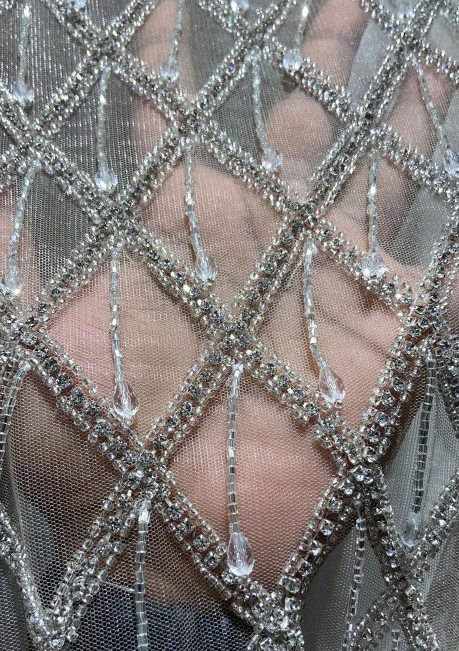 Silver Crystal Drop Sequin Beaded Net Fabric, Wedding Dress Luxury ...